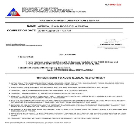 Poea peos certificate | PDF