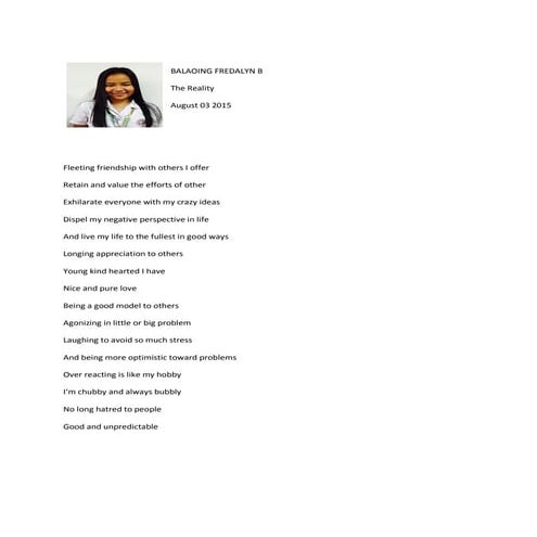Balaoing Fredalyn B. (Acrostic Poem) | PDF