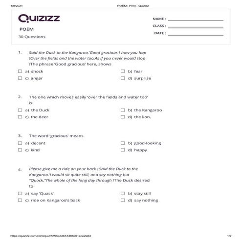 ENGLISH Poem - quizizz | PDF