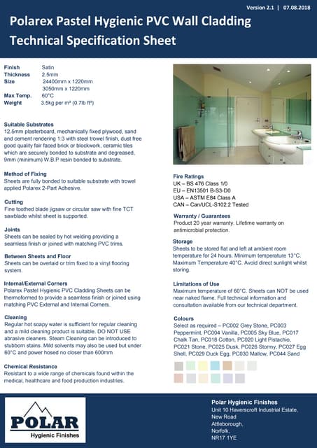 Polarex Colour Hygienic PVC Wall Cladding Specification Sheet | PDF