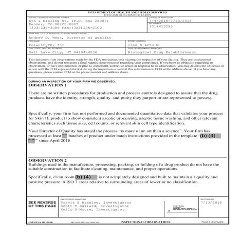PolarityTE FDA Form 483 | PDF