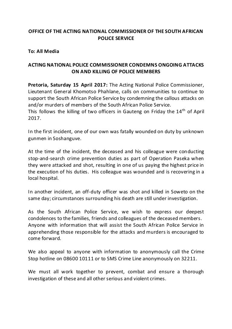 SAPS statement on police killings