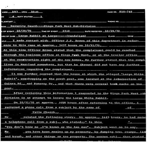 Bunny Man Police Report, Oct. 29, 1970 | DOCX