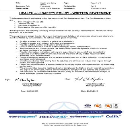 Ty Carreg group Health & Safety Policy (Policy 003 - rev 7) | PDF