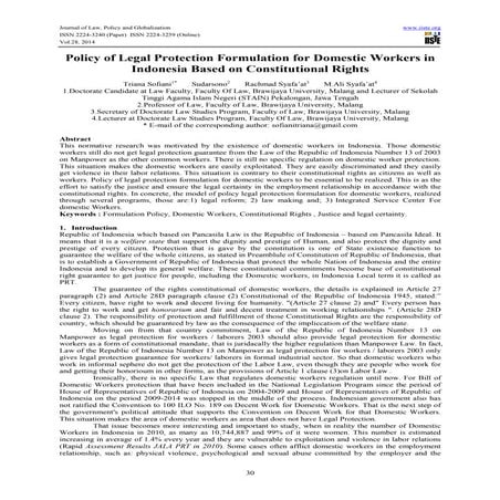 Policy of legal protection formulation for domestic workers in indonesia based on constitutional ...
