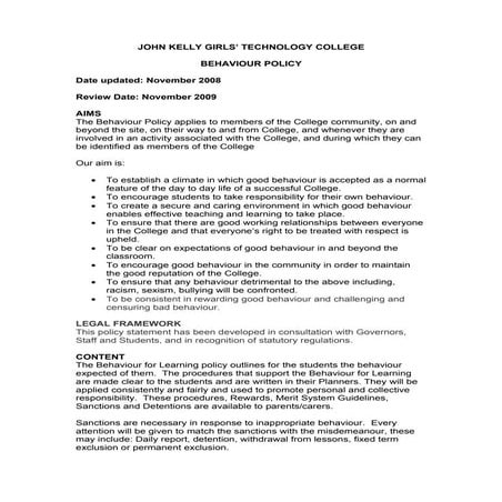 Policy On Behaviour For Learning 2008 1 [1] | PDF