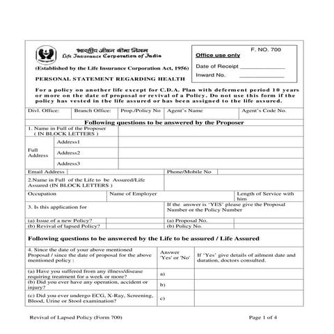 Policy revival form 700 | PDF