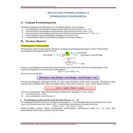 lkpd pembagian polinomial bentuk kuadrat | PDF