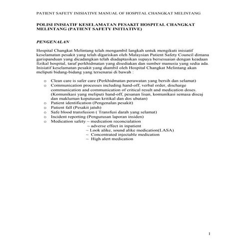 Polisi inisiatif keselamatan pesakit hospital changkat melin | DOC