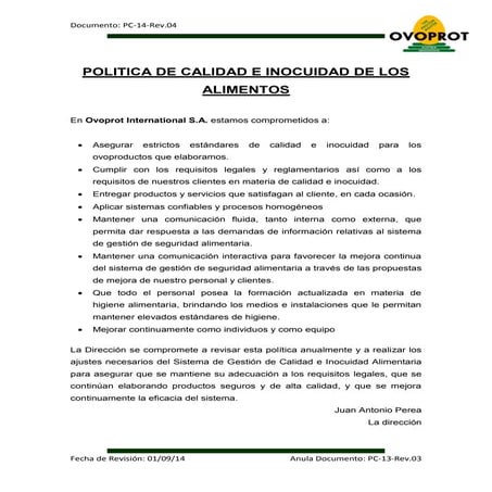 Politica de calidad e inocuidad 2014 ovoprot | PDF