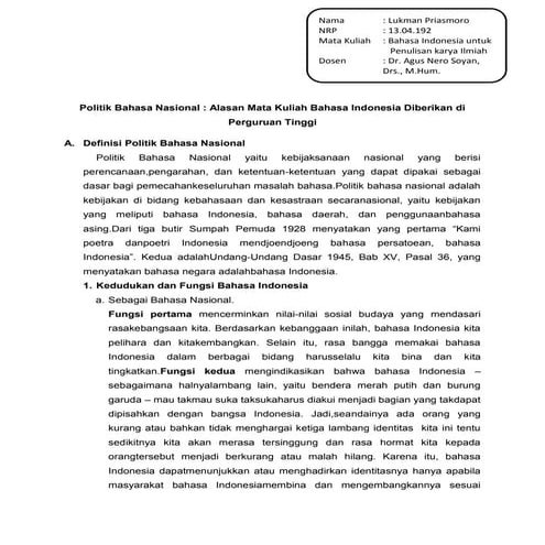 Politik bahasa indonesia | DOCX