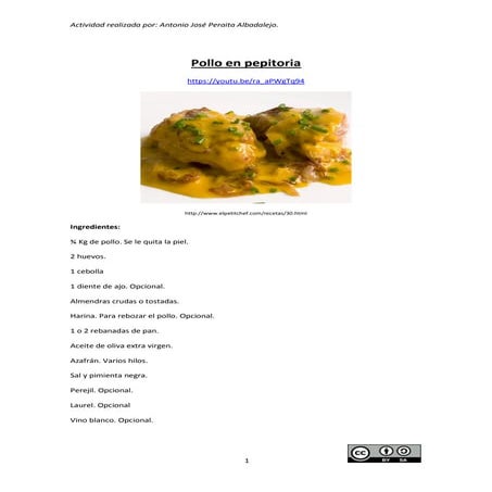 Pollo en pepitoria, ingredientes y análisis nutricional de los mismos | PDF