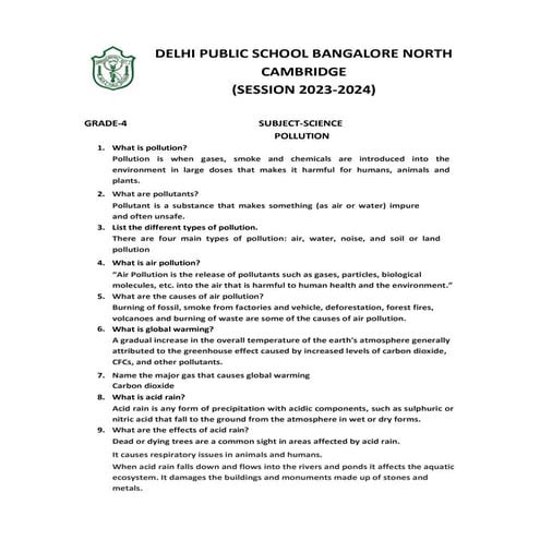 Pollution notebook notes question and answers | PDF