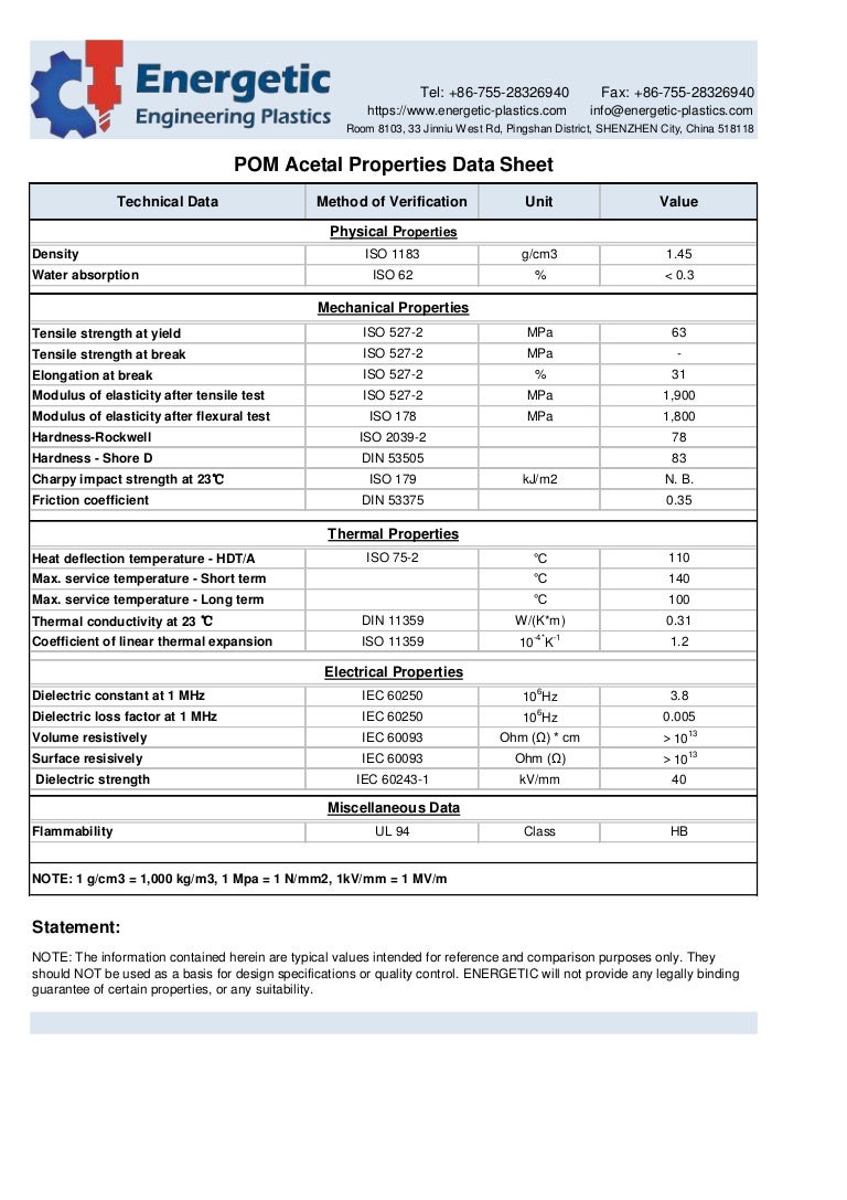 Pom properties data sheet energetic plastics