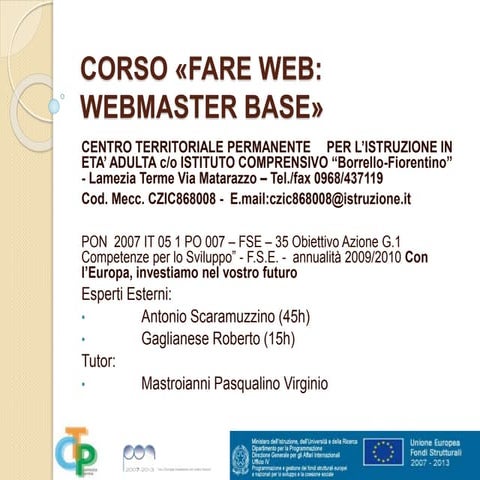CORSO FARE WEB: WEBMASTER BASE | PPT