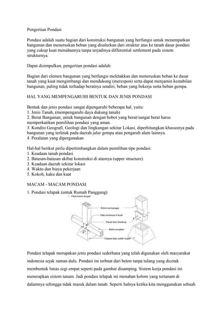 Metode pelaksanaan konstruksi Pondasi Setempat dan Pondasi Batu Kali. | PDF