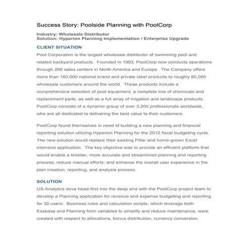 Poolside Planning with PoolCorp - Hyperion Planning Implementation ...