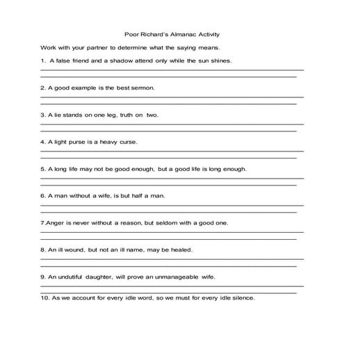 Poor Richard’s Almanac Activity | DOCX