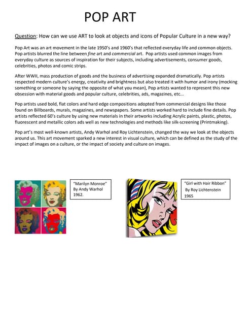 Pop Art MovementReview our reading on the Pop Art movement. Write .docx