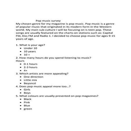 Pop music survey | DOC | Contemporary Hits/Pop/Top 40 | Music