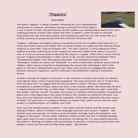 Poppies - Jane Weir | DOCX | Bereavement | Family and Relationships