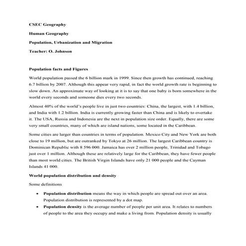 CSEC Human Geography- Population , Urbanization and Migration | PDF