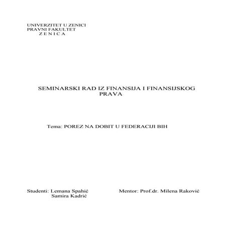 Porez na dobit u federaciji bih ij | DOC