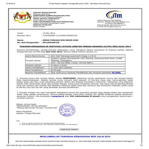 Portal rasmi jabatan tenaga manusia (jtm) semakan permohonan | PDF