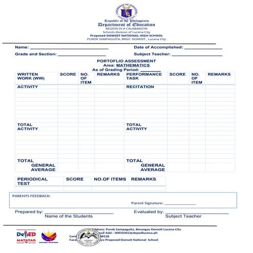 Students Portfolio Assessment Tool for every Quarter | PDF