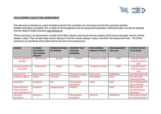 Photography shoot risk assessment form | PPT