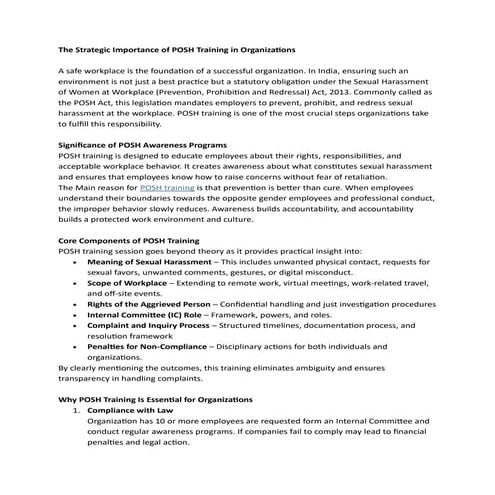 The Strategic Importance of POSH Training in Organizations | PDF