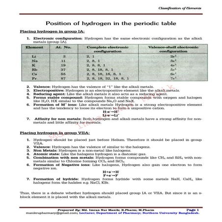 Position of hydrogen in the periodic table MANIK | PDF | Chemistry ...