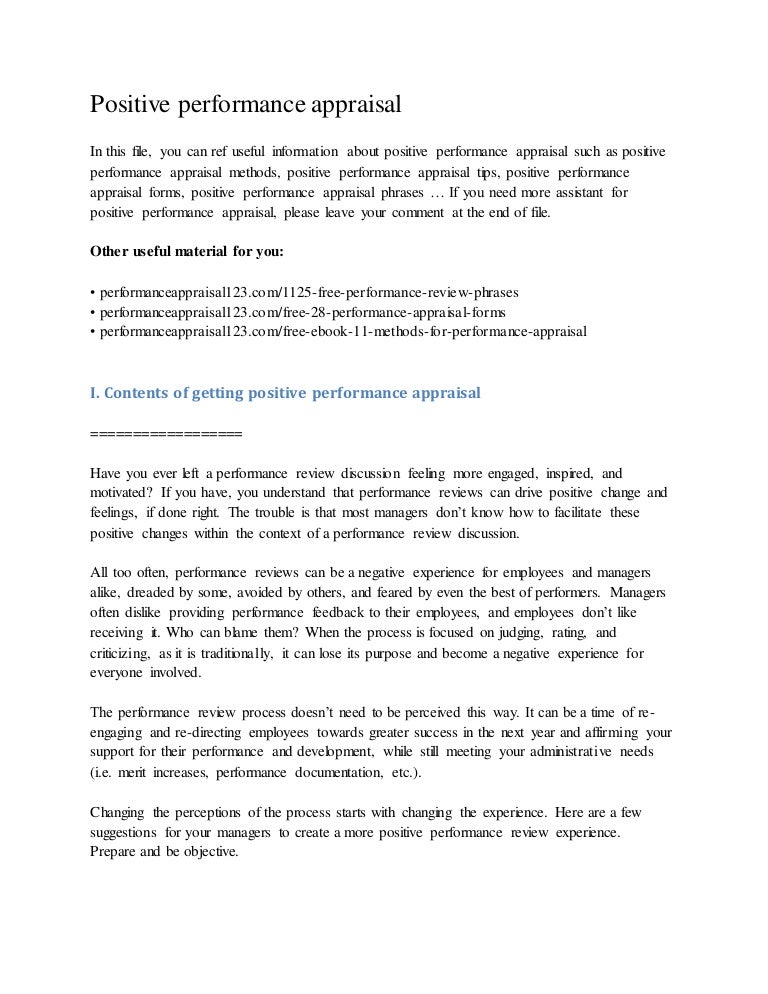 Positive Performance Appraisal Positive Performance Appraisal