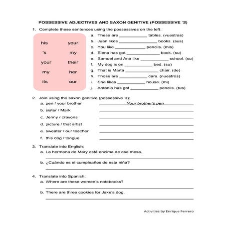 Possessive Adjectives and Possessive Case 6 Spanish Photo Game