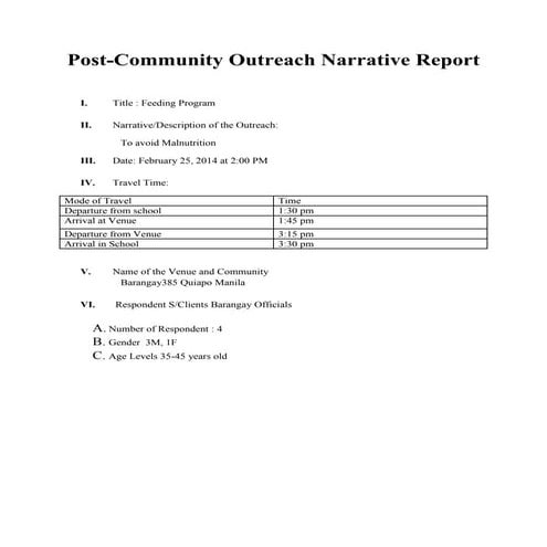 Post community outreach narrative report johnmark torres 03-10-2014 | DOCX