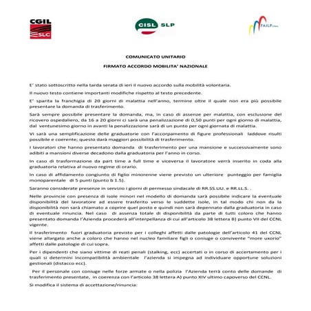 Poste comunicato unitario accordo mobilità maggio 2013 | PDF