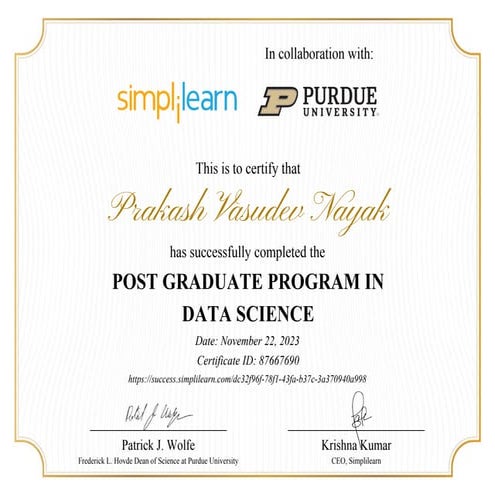 Post Graduate Program in Data Science Certificate by Simplilearn In ...