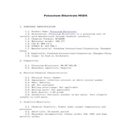 Potassium bitartrate msds | PDF