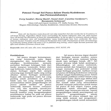 Potensi Terapi Sel Punca dalam Dunia Kedokteran dan Permasalahannya | PDF