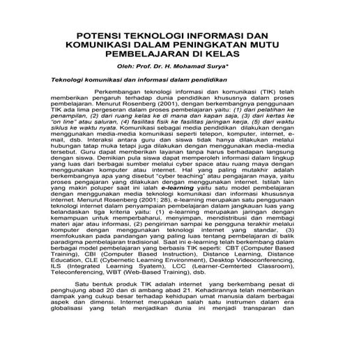 Potensi teknologi informasi dan komunikasi dalam peningkatan mutu pembelajaran di kelas | PDF