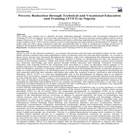 Poverty reduction through technical and vocational education and training (tvet) in nigeria | PDF