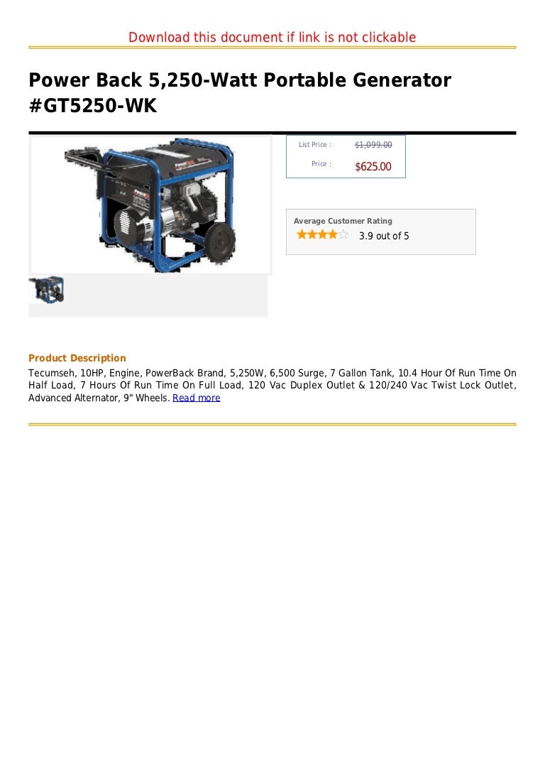 Power back 5,250 watt portable generator #gt5250-wk