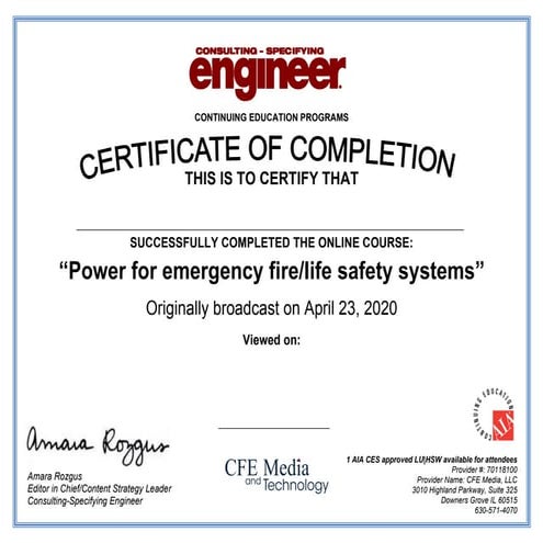 Certificate of Completion "Power for Emergency Fire/Life Safety Systems ...