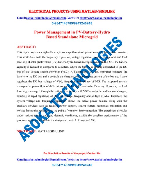 Power Management In Pv Battery Hydro Based Standalone Microgrid Pdf