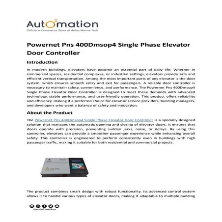Powernet Pns 400Dmsop4 Single Phase Elevator Door Controller | PDF