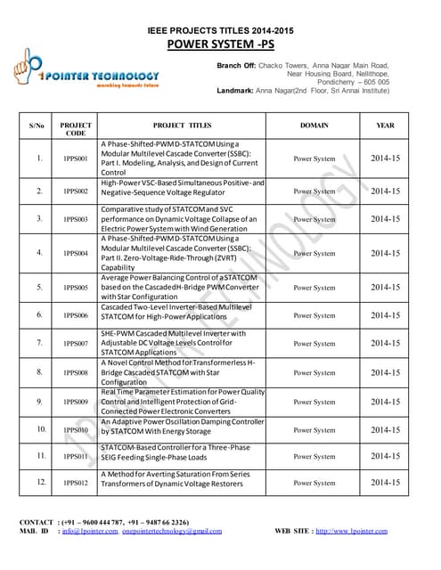 Ieee 2014 2015 Matlab Power System Projects Titles List Globalsoft