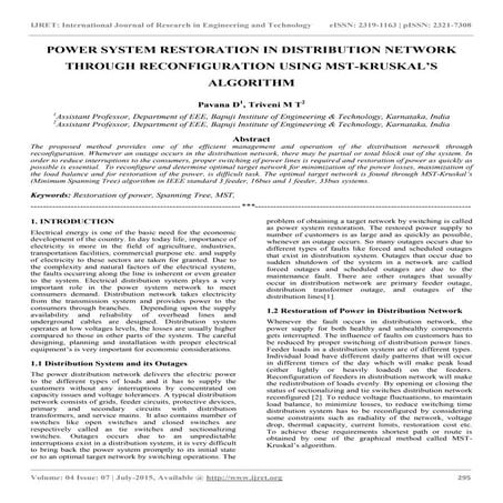Power System Restoration In Distribution Network Through Reconfiguration Using Mst Kruskals