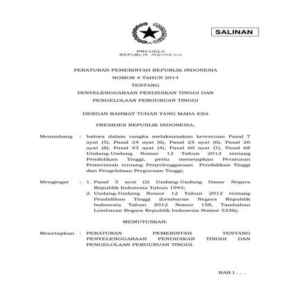 Pp4 2014-penyelenggaraan-pendidikan-tinggi-pengelolaan-perguruan-tinggi | PDF