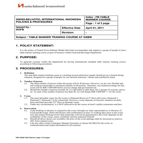 Pp gsbm table manner course | DOC | Hotel Properties | Real Estate