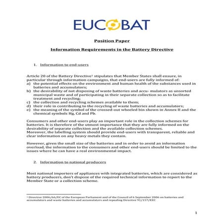 Eucobat Position Paper - Information Requirements | PDF